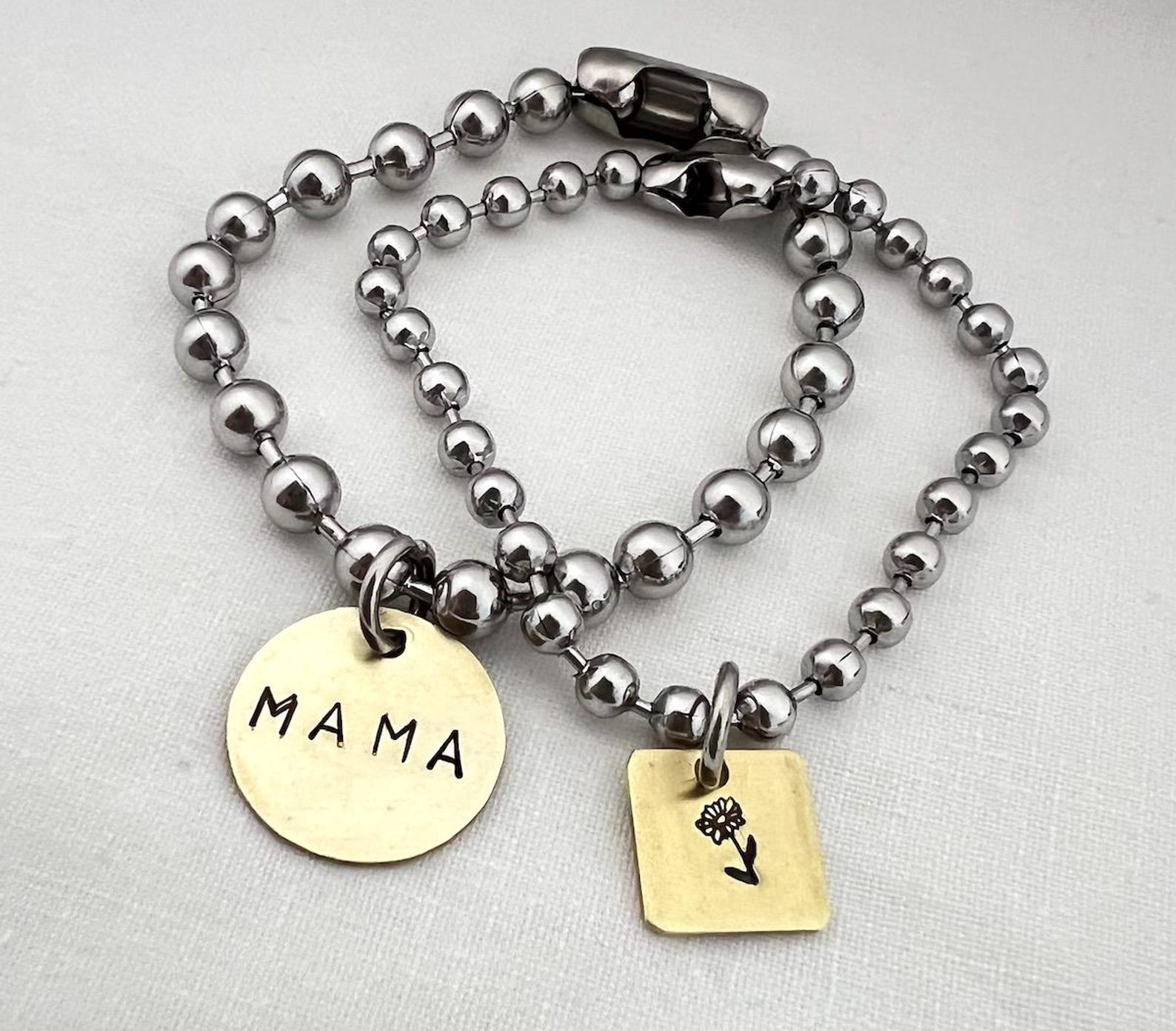 Chunky Stainless Steel Ball Chain Bracelet Set With Name & Birth Flower ...