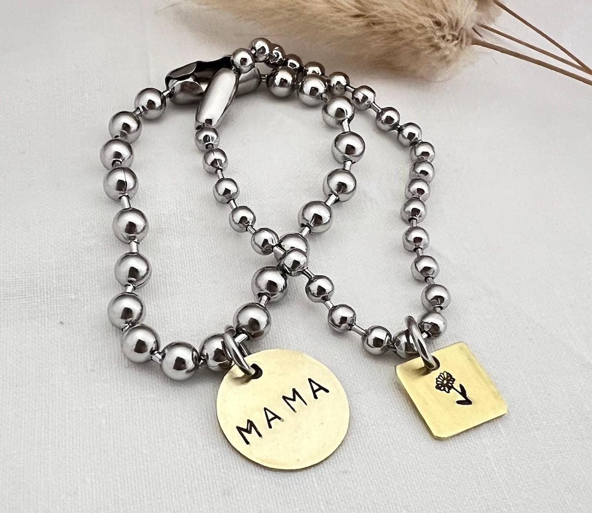 Chunky Stainless Steel Ball Chain Bracelet Set With Name & Birth Flower ...