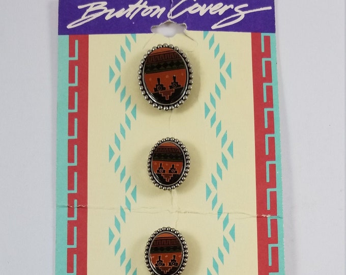 Southwest Design Hand-painted Button Covers Oval Silver Setting Set of ...