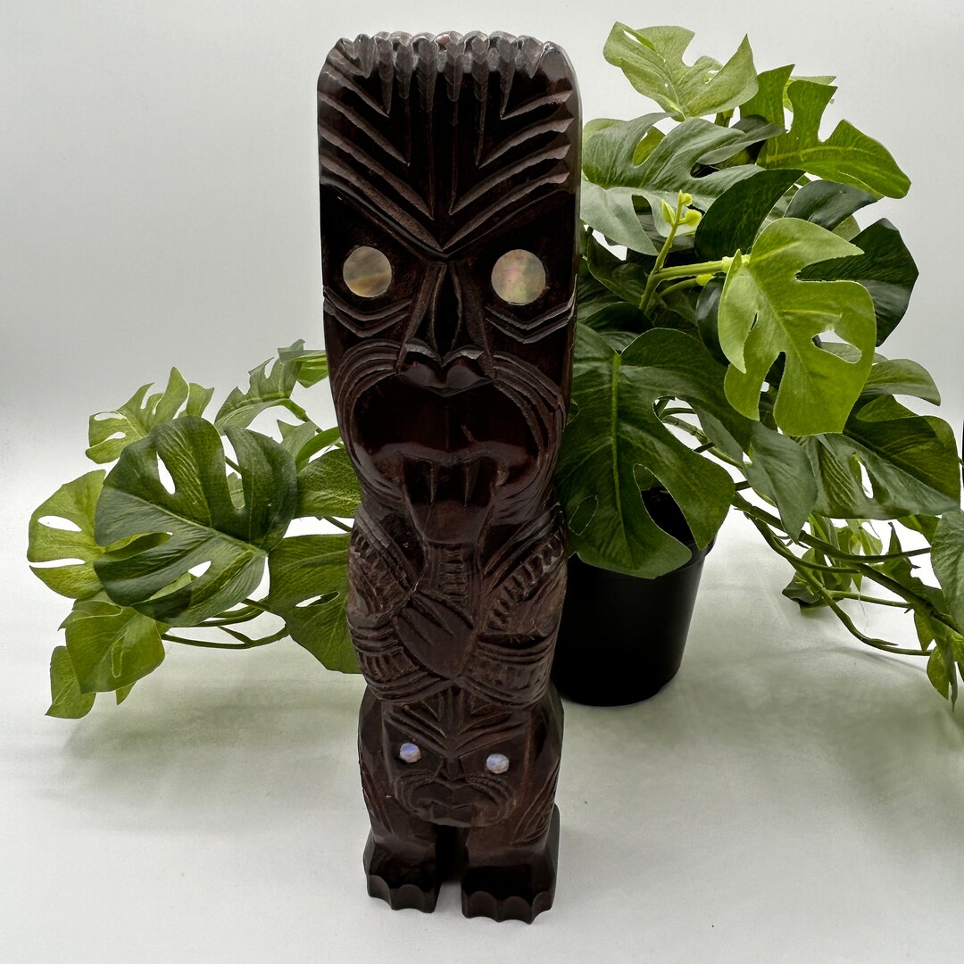 Maori Wooden Carved Tiki Paua Shell Inlaid Eyes New Zealand Vintage - Etsy