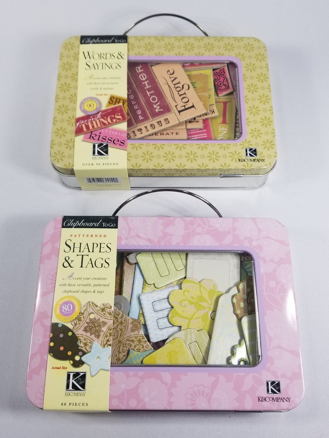 Chipboard Crafting Pieces: Words, Shapes, Tags in Metal Tins (170 ...