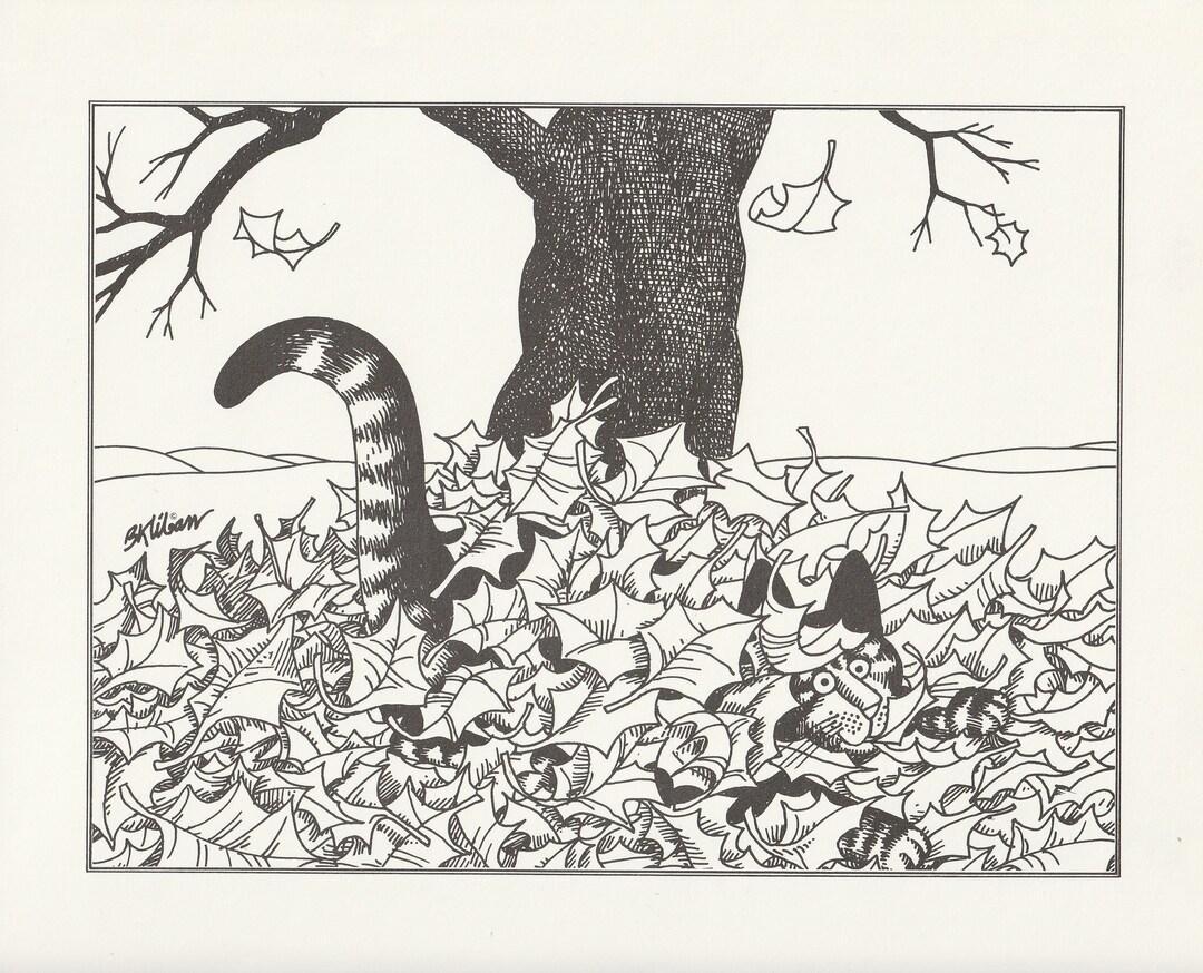 Kliban Cat Art Print, Playing in Autumn Leaves, Vintage Lithograph ...