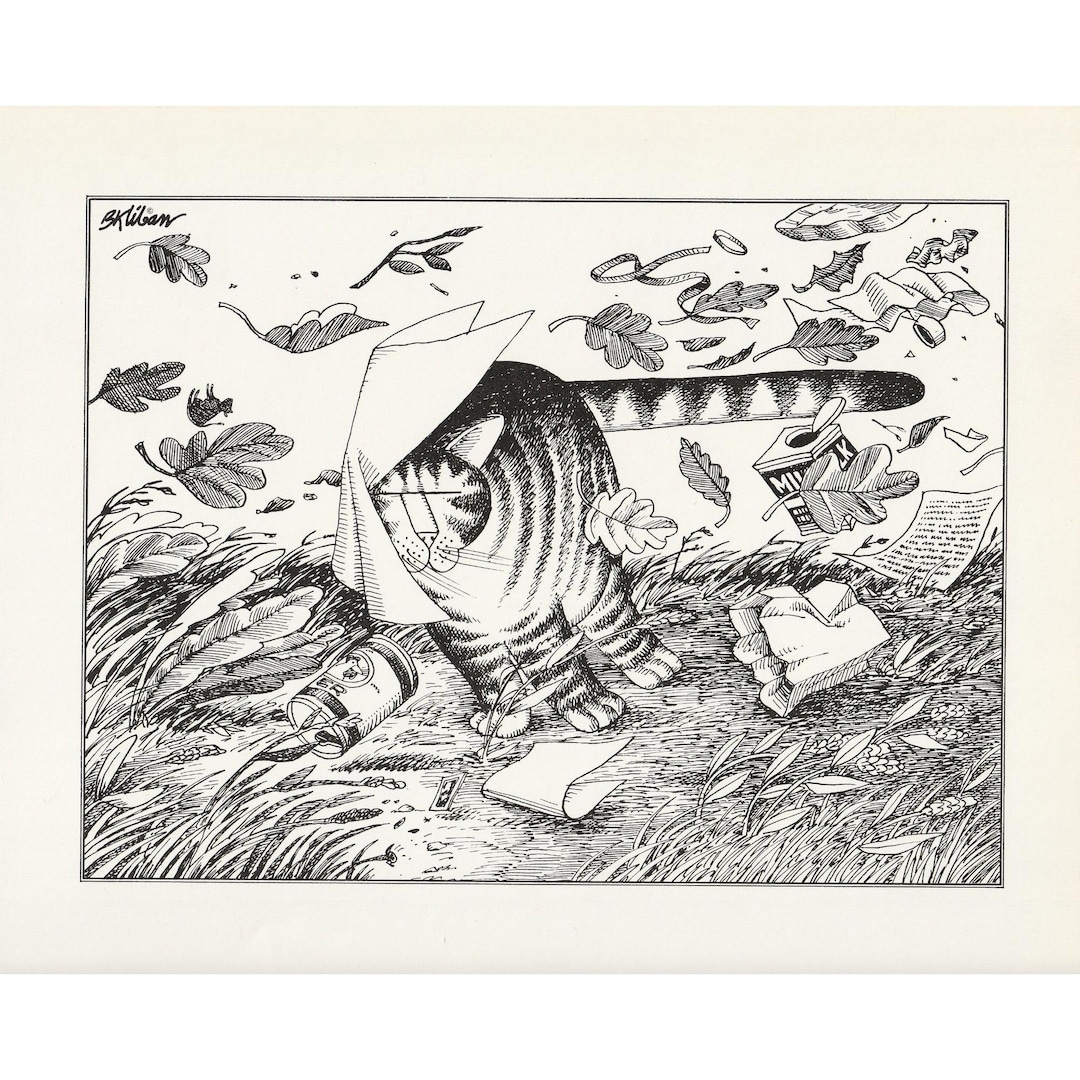 Kliban Cat Art Print: Windy Day Cartoon Kitten Lithograph - Etsy