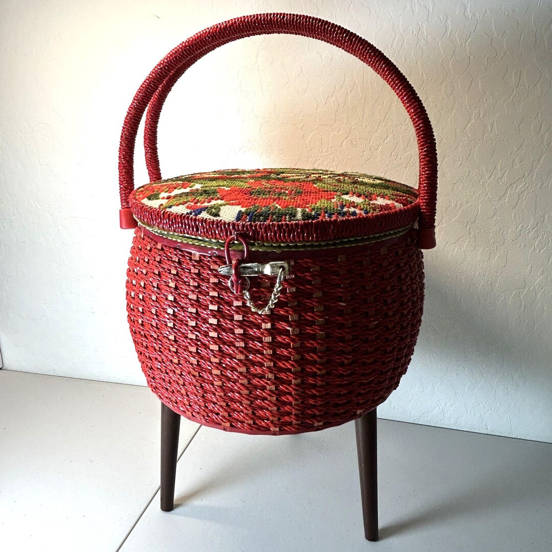 Vintage Woven Red Sewing Basket Stool With Crewel Stitched Lid Handle ...