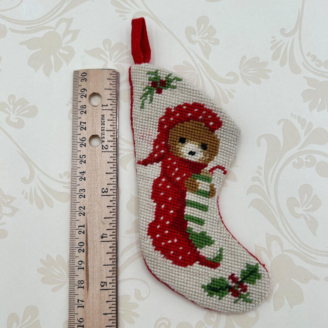Tiny Christmas Needlepoint Stocking Ornament Mini Bear Holly and ...