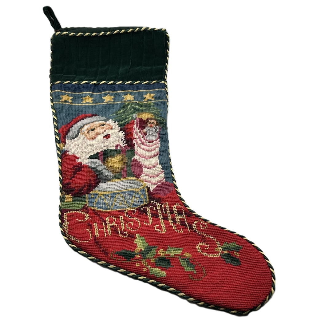 Needlepoint Stocking Santa Velvet Band With Trim Extra Long Merry ...