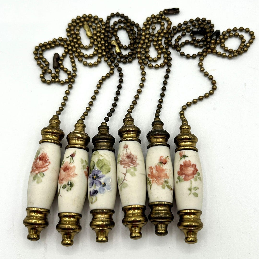 Vintage Porcelain & Brass Hand-painted Floral Ceiling Fan Pull Chains ...
