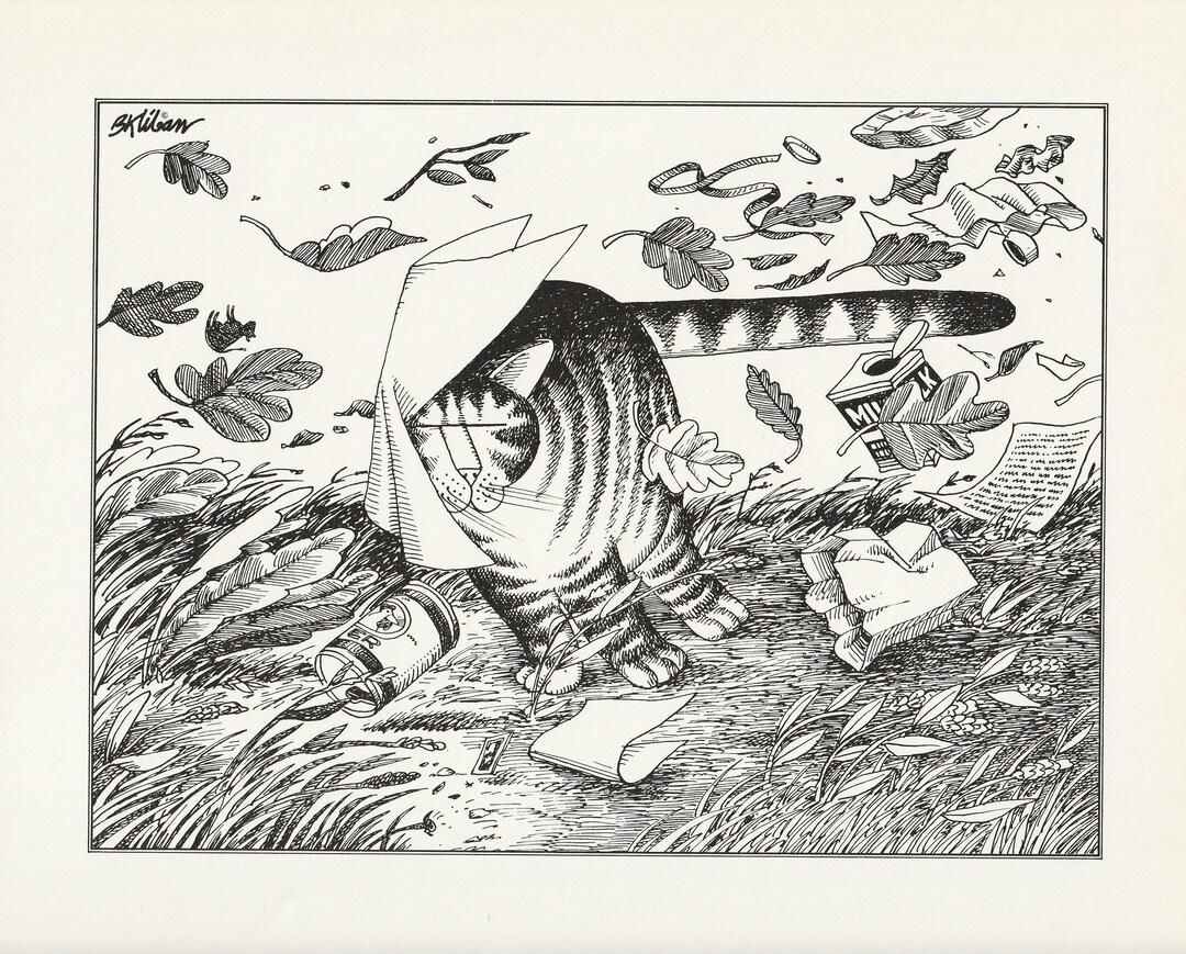 Kliban Cat Art Print, Windy Day, Vintage Lithograph, Cartoon Kitty ...