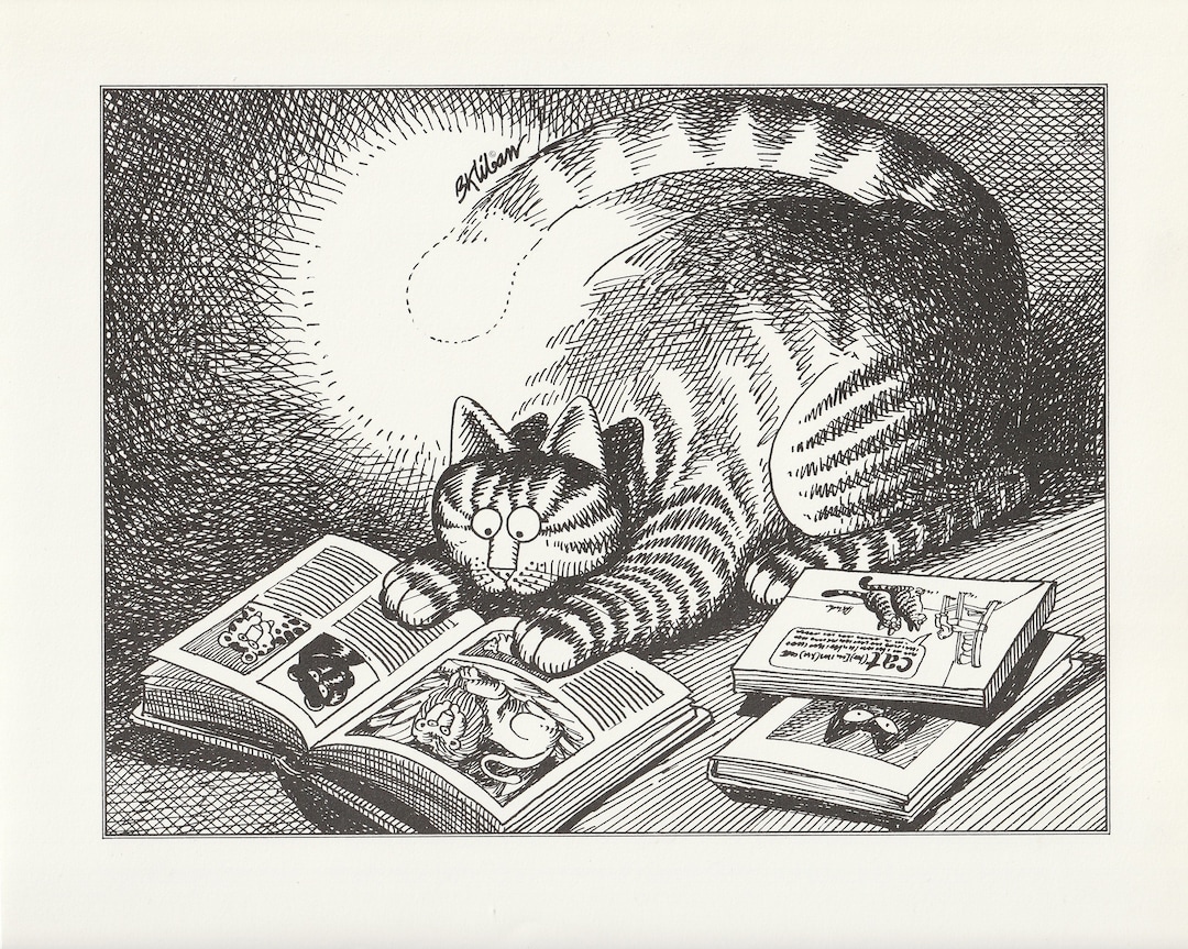 Kliban Cat Art Print, Reading A Book, Vintage Lithograph, Cartoon Kitty ...