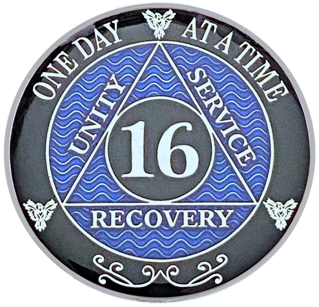 AA 16 Years Silver, Blue Medallion, AA Recovery Chips, Alcoholics ...