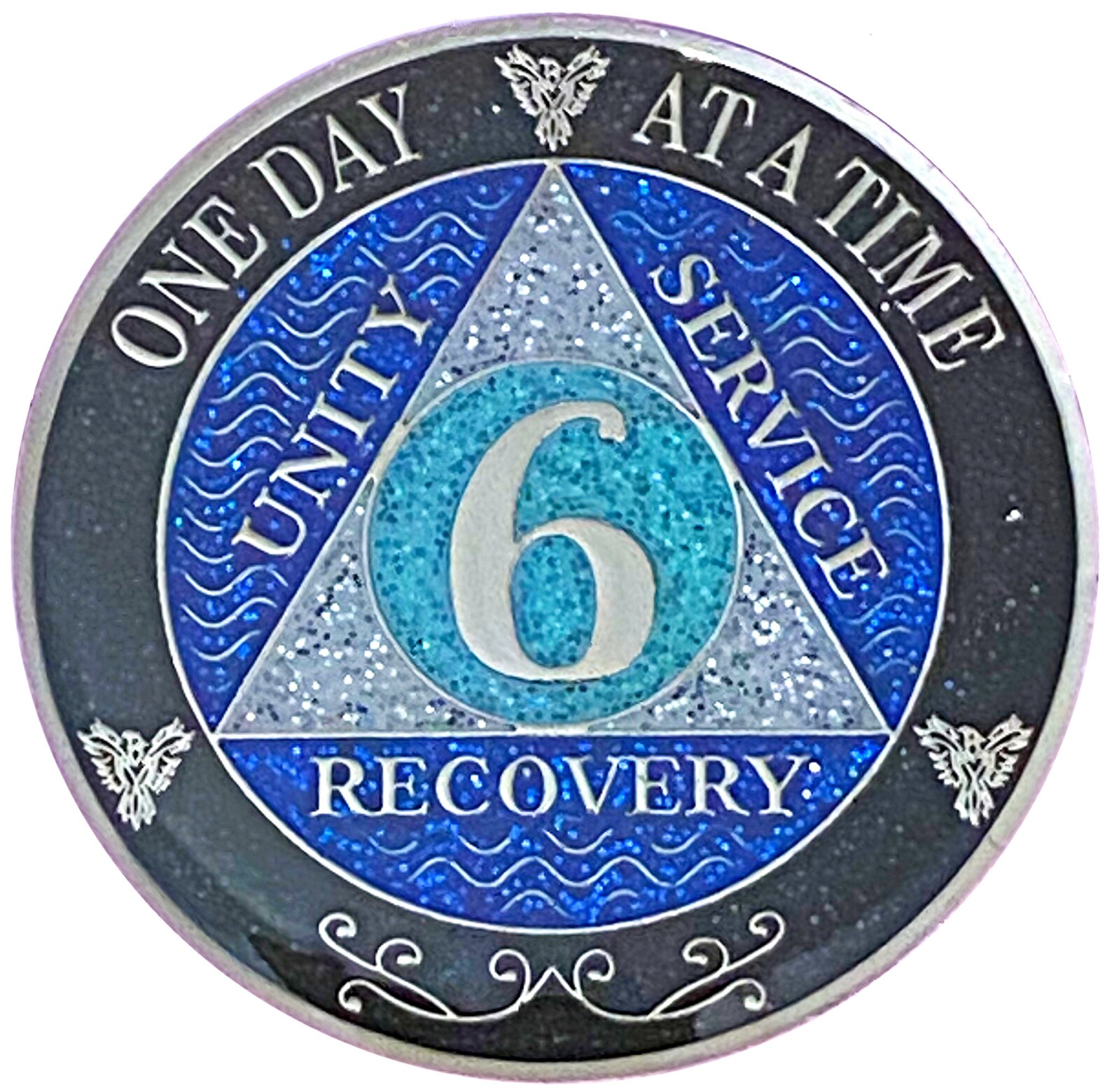 AA 6 Year Silver Color Plated Glitter Coin, Blue, Silver, Black Rainbow ...