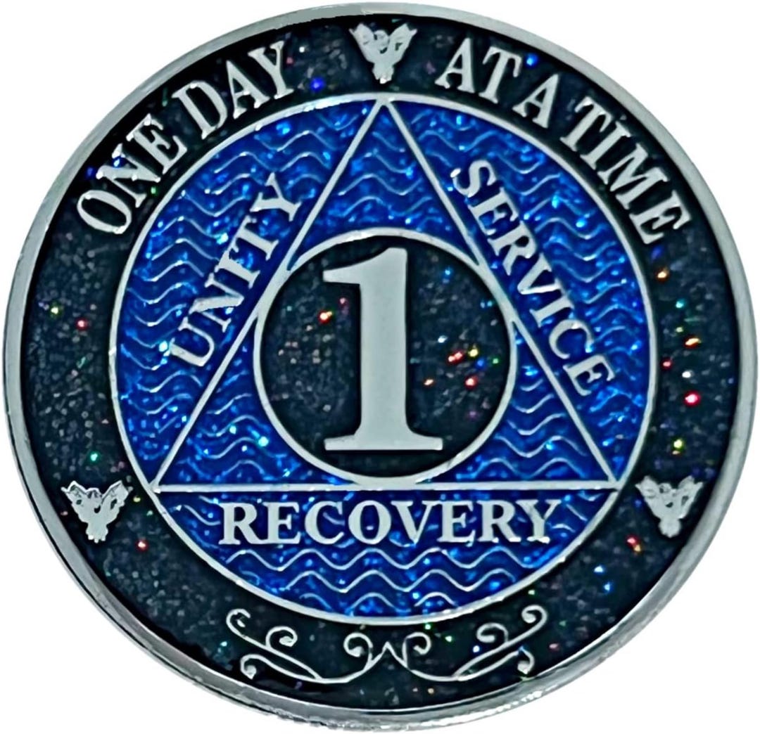 AA 1 Year Medallion, Silver Color Plated, Black Rainbow & Blue Glitter ...