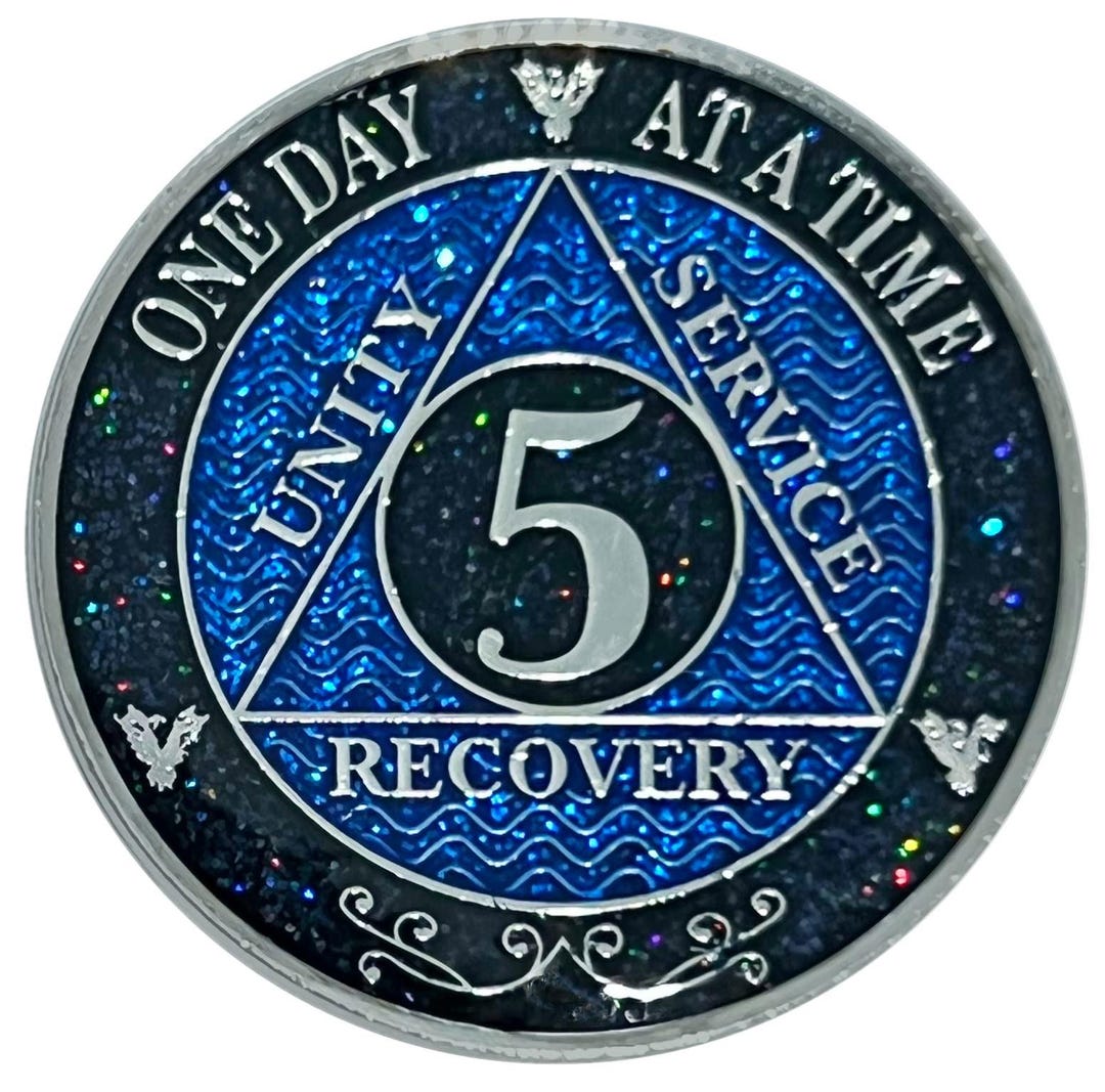 AA 5 Year Medallion, Silver Color Plated, Black Rainbow & Blue Glitter ...