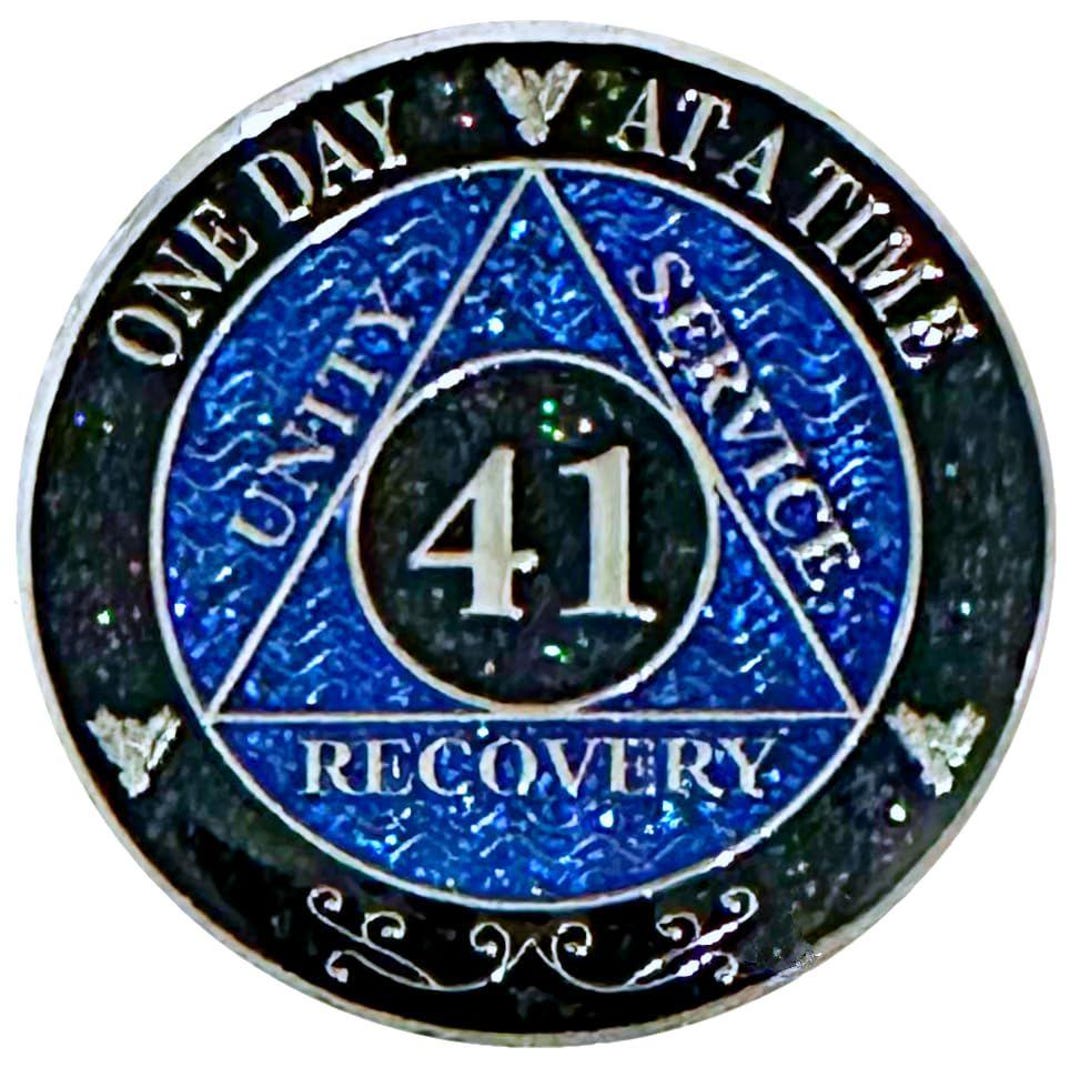 AA 41-years Coin, Silver, Blue Glitter Colors, Alcoholics Anonymous ...