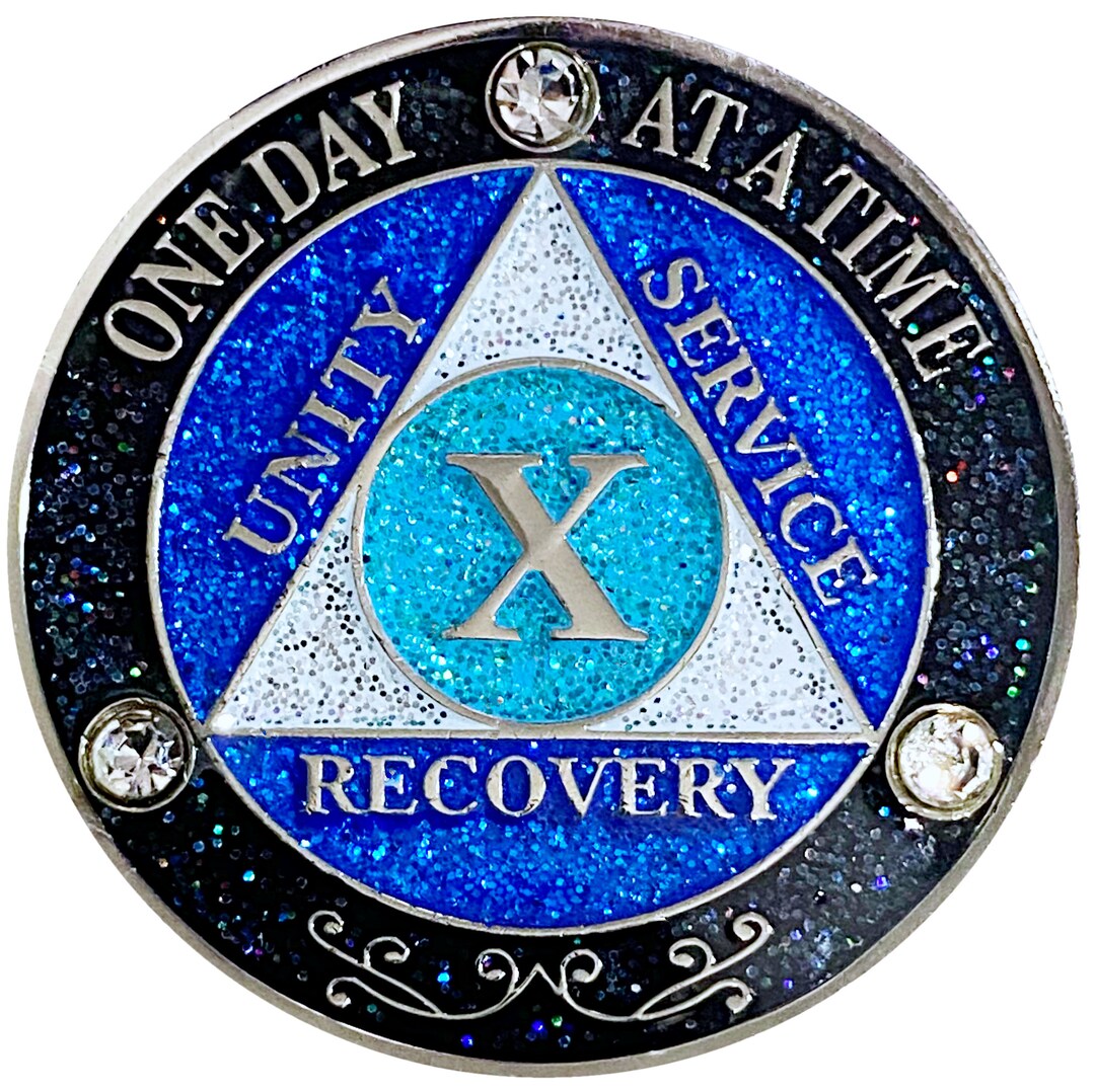 AA 10 Year Crystals & Glitter Medallion, Silver Color Plated, Black ...