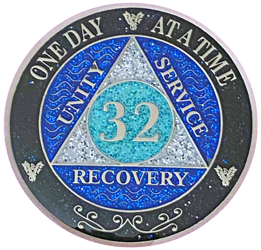 32 Year AA Medallion: Silver Plated Glitter Alcoholics Anonymous Coin ...