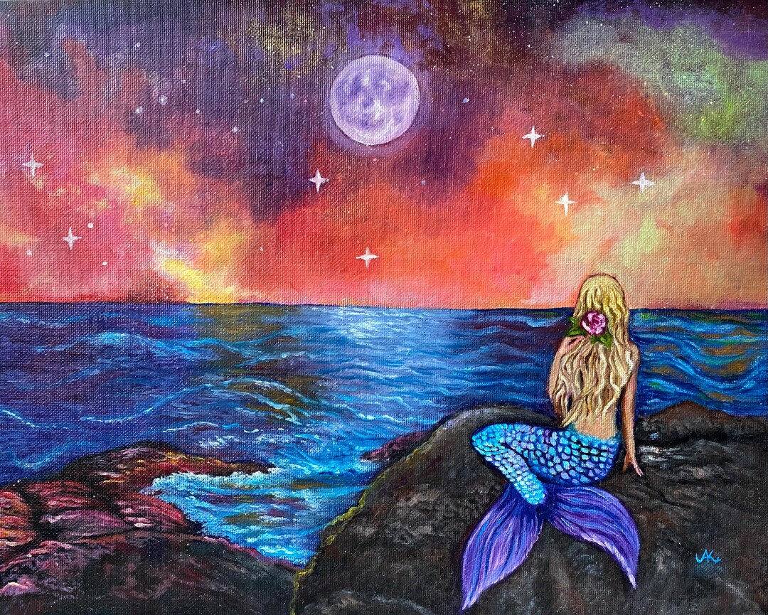 Cosmic Mermaid - Mermaid on Rock Facing Seascape With Galaxy Sky and ...