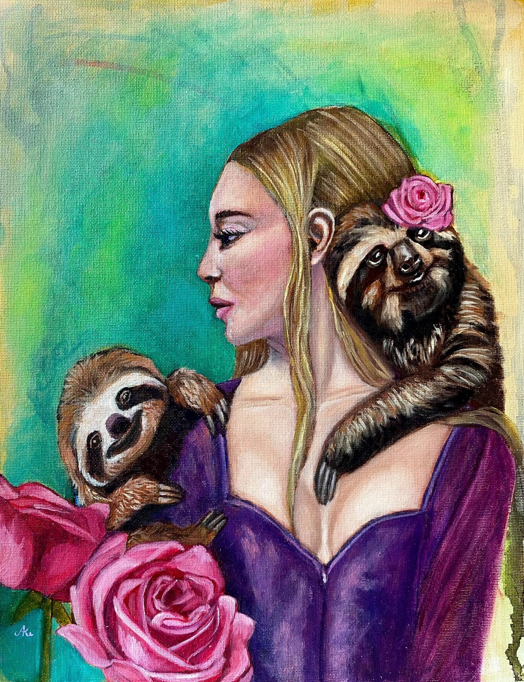 Sloth Serenity Magical Realism Painting of Woman With Sloths Mixed ...