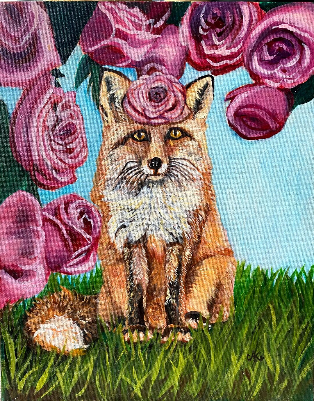 Fox Among Roses - Fox With Flower and Pink Roses Mixed Media Oil ...
