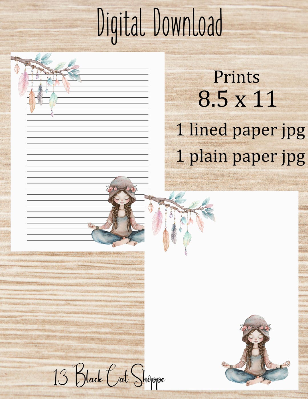 Boho Meditation Girl Printable Writing Letter Paper Plain Lined 8.5x11 ...