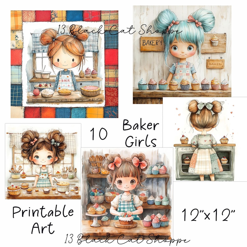 10 Baker Girl JPG Digital Paper 12x12 Bakery Cupcake Wall Art Scrapbook ...