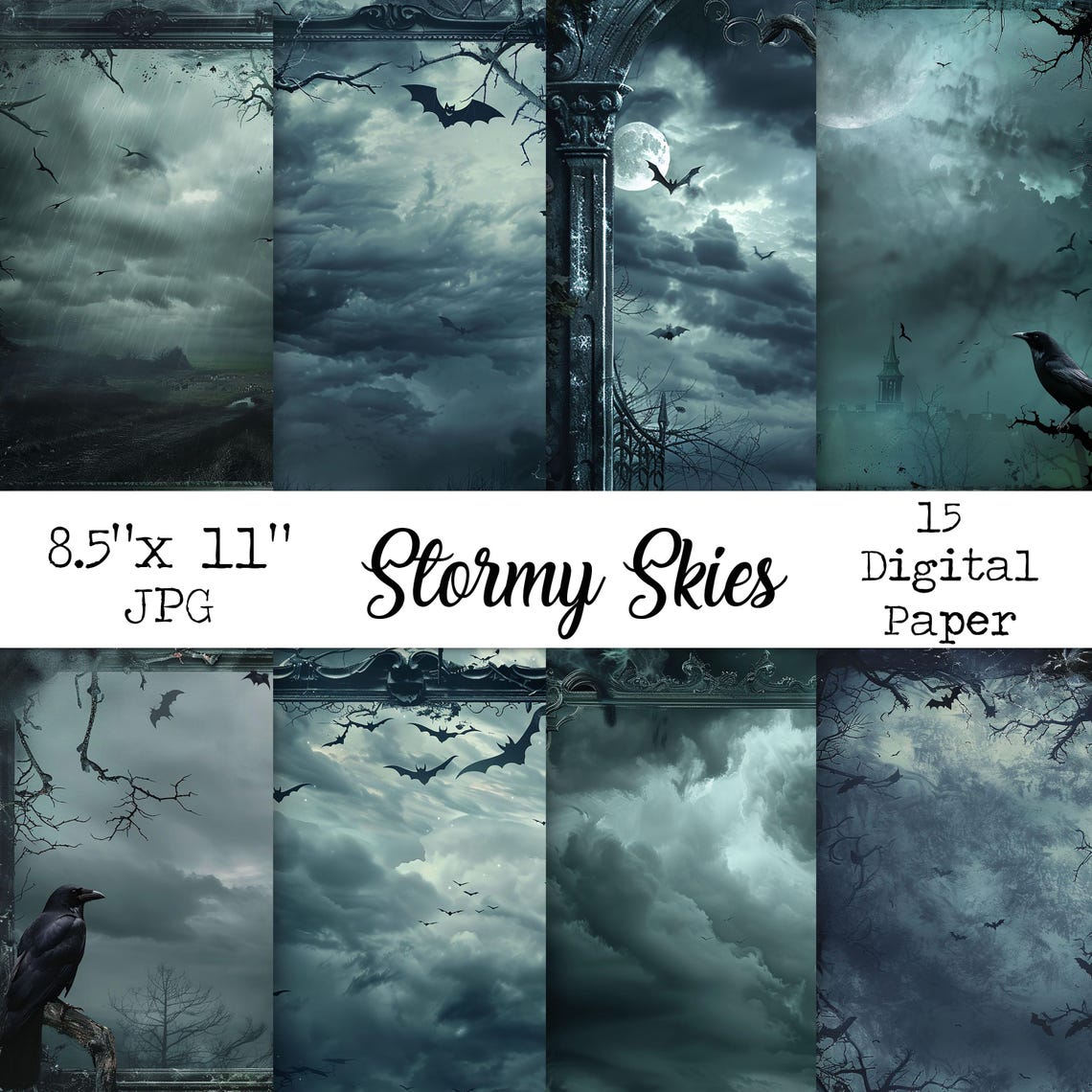 15 Dark Frame Stormy Sky Halloween Bat Cloudy Digital Paper Junk ...