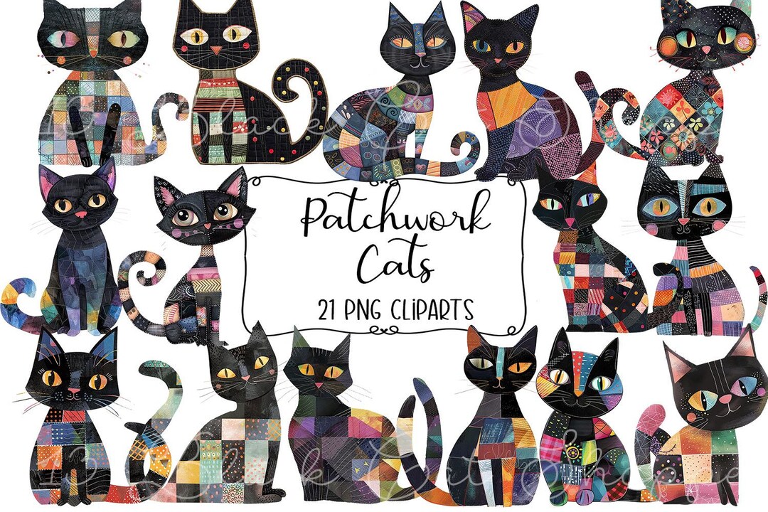 Patchwork Black Cat Sewn Calico PNG Clipart Sublimation Printable - Etsy