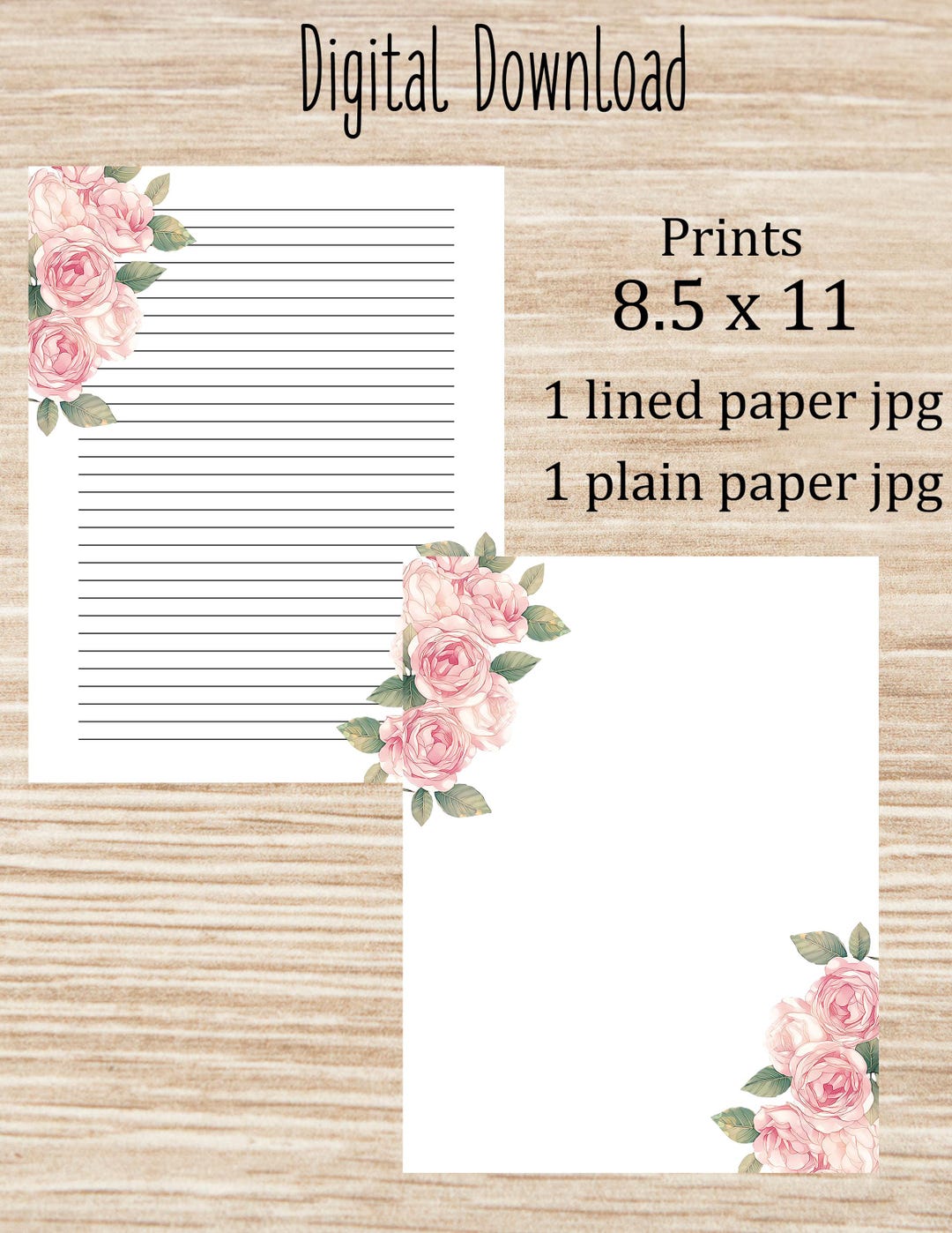 Pink Watercolor Roses Floral Printable Writing Letter Paper Plain Lined ...