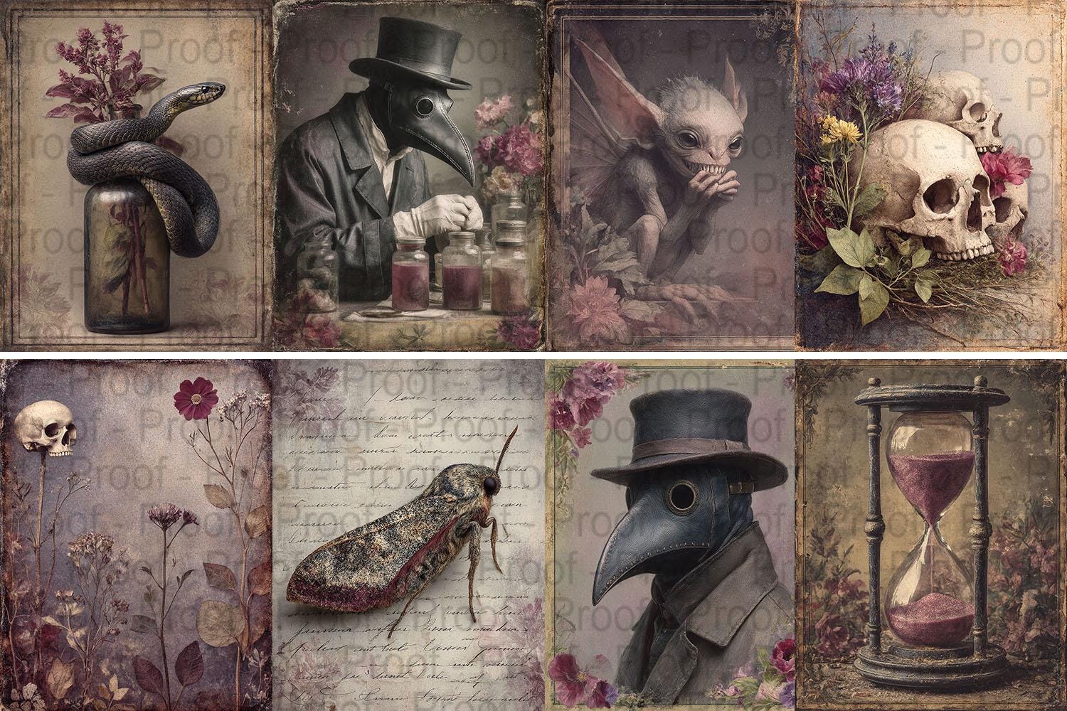 Skull Plague Doctor Digital Paper: Moth Oddities, Vintage Scrapbook (8 ...