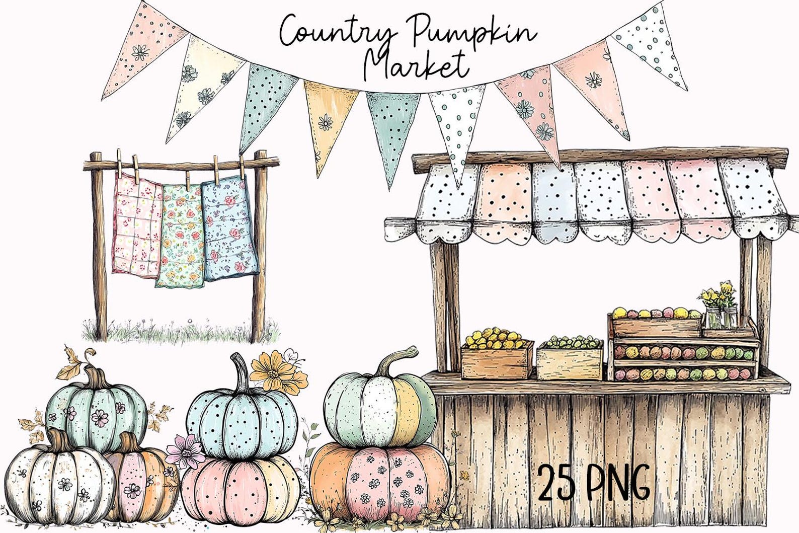 Country Pumpkin Whimsical Market Fall PNG Clipart Set Sublimation ...