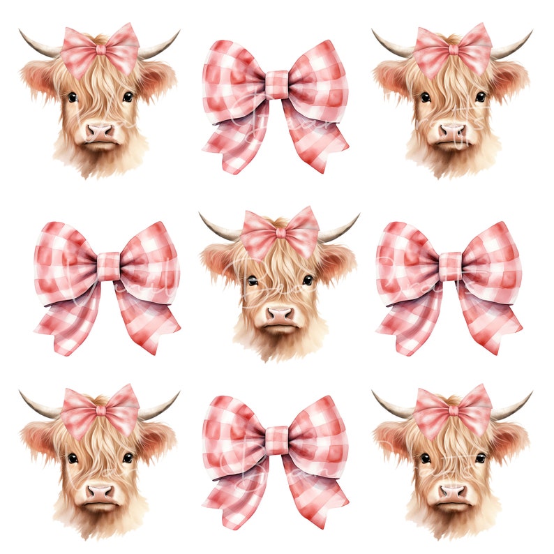 Pink Highland Cow Bow Coquette PNG Clipart Mother's Day Sublimation ...