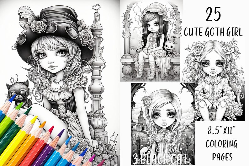 Cute and Creepy Goth Girl Coloring Pages Digital Printable 8.5x11 - Etsy