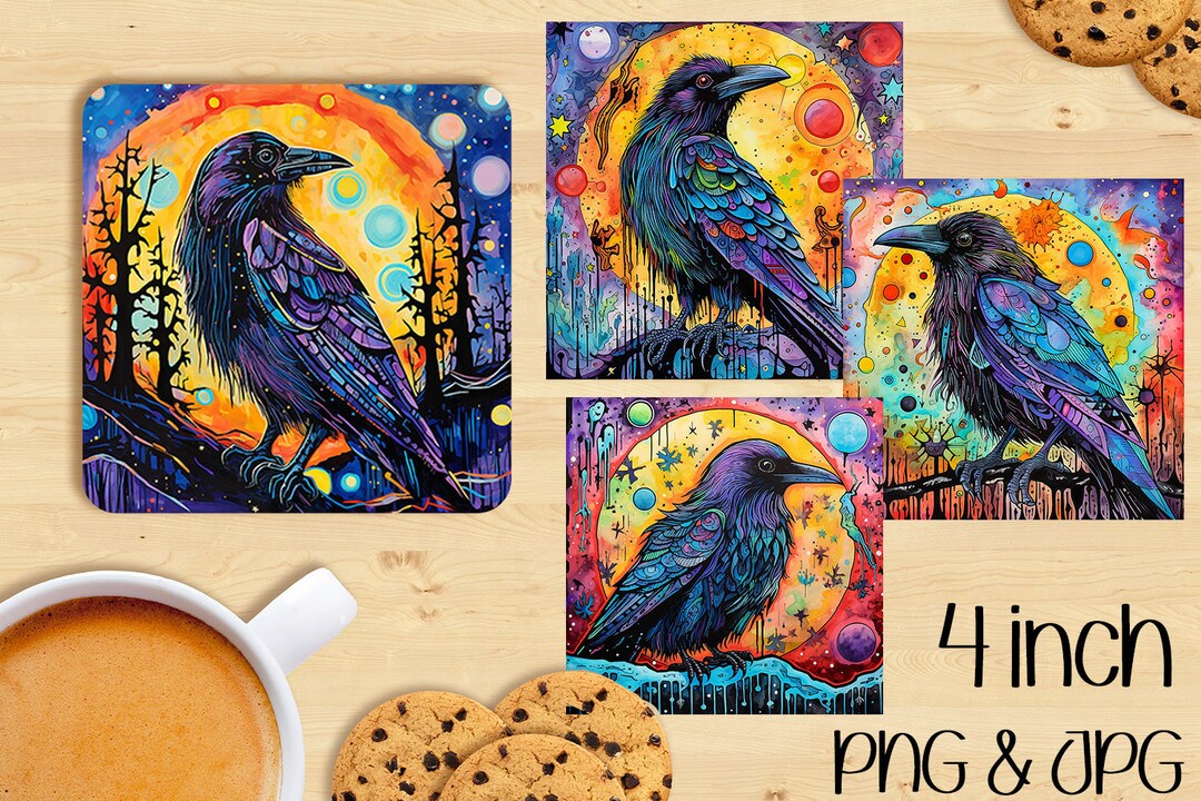 Square Coaster PNG Artsy Raven Crow Psychedelic 4 Inch Coaster Wall Art ...