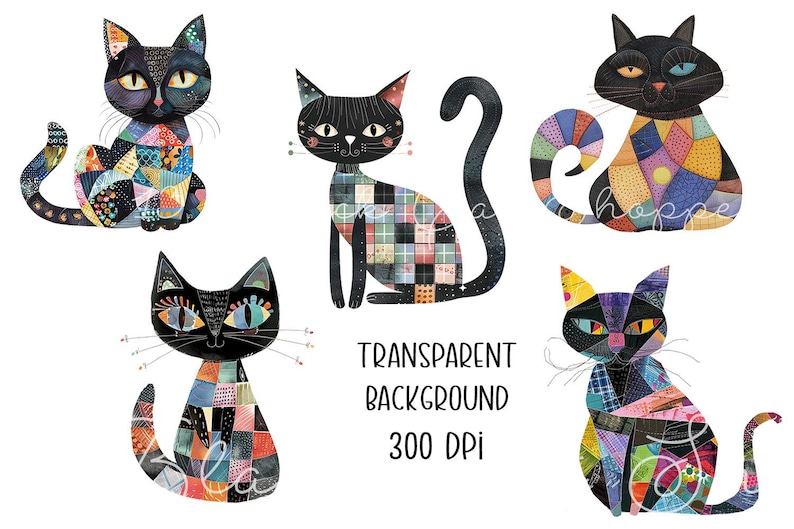 Patchwork Black Cat Sewn Calico PNG Clipart Sublimation Printable - Etsy