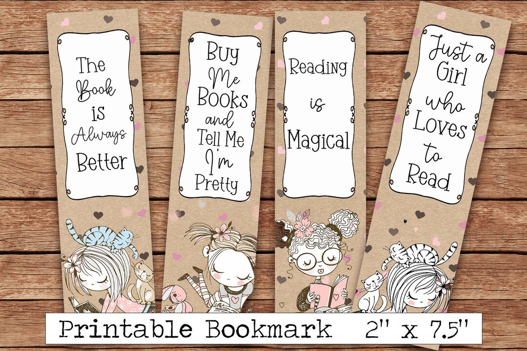 Cute Reading Girl With Book Printable Bookmark 2x7.5 Inch Digital JPG ...