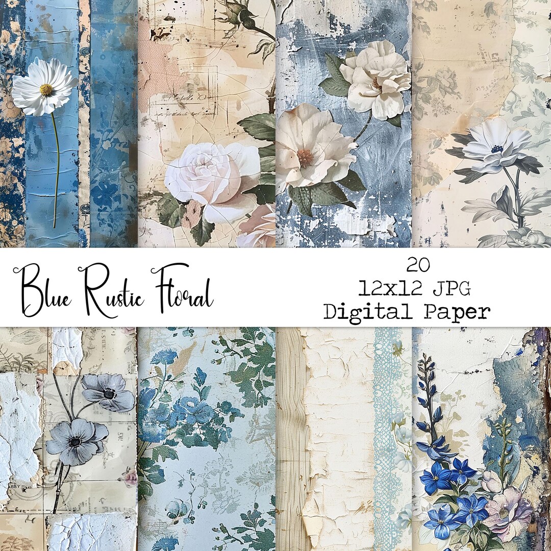 Rustic Peeling Blue Floral Wallpaper Decoupage Digital Paper 12x12 ...
