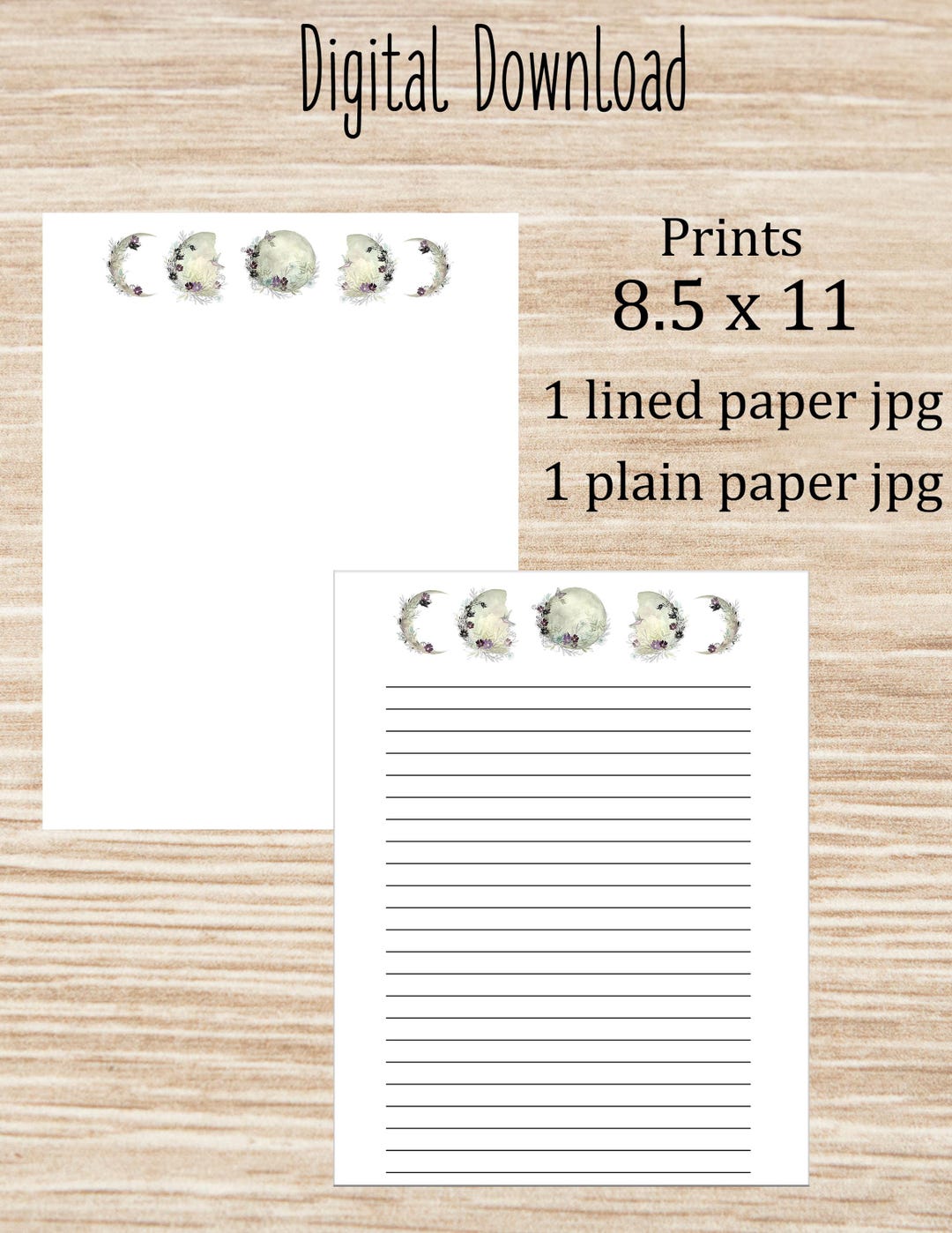 Floral Moon Printable Writing Letter Paper Plain Lined 8.5x11 Jpg - Etsy