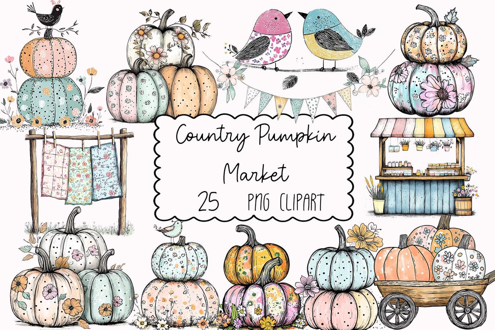 Country Pumpkin Whimsical Market Fall PNG Clipart Set Sublimation ...