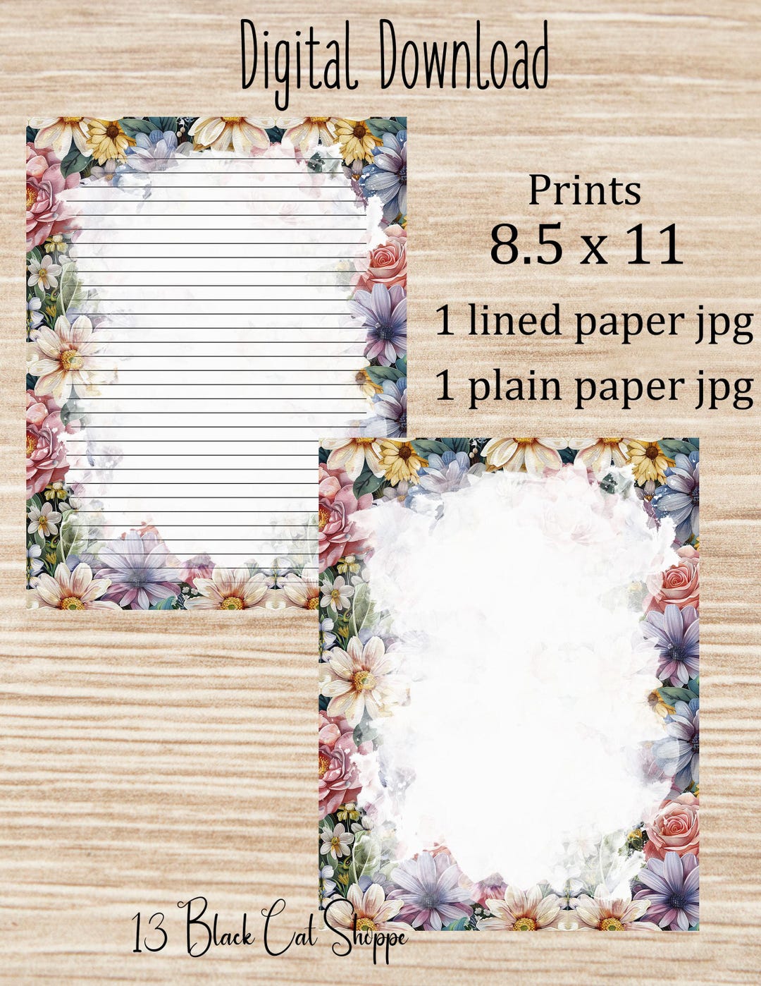 Floral Frame Printable Writing Letter Paper Plain Lined 8.5x11 Jpg - Etsy