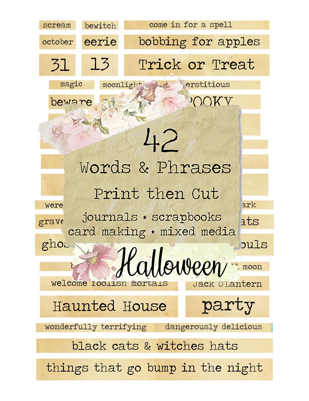 Halloween Text Word Phrases Sentiments JPG Scrapbook Junk Journal Kit 8 ...