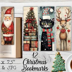 12 Christmas Santa Tree Printable Bookmark 2x7.5 Inch Digital JPG PNG ...