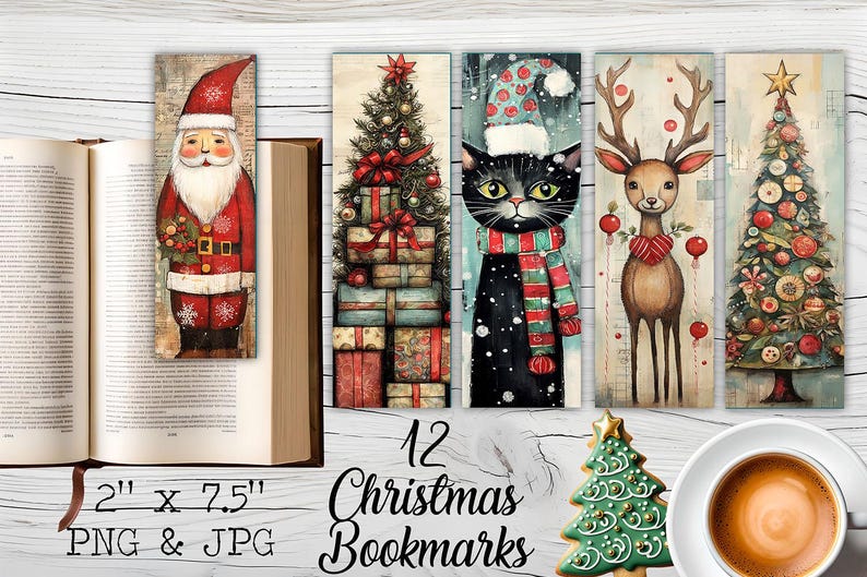 12 Christmas Santa Tree Printable Bookmark 2x7.5 Inch Digital JPG PNG ...