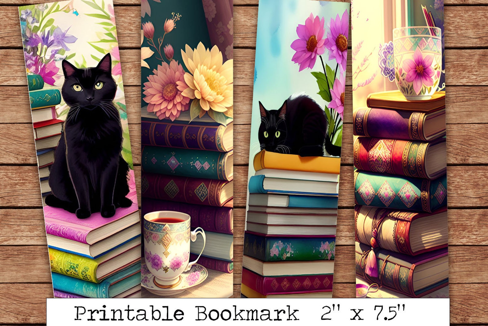 Black Cat and Books Printable Bookmark 2x7.5 Inch Digital JPG PNG - Etsy