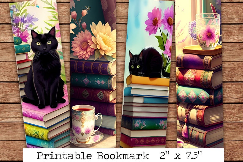 Black Cat and Books Printable Bookmark 2x7.5 Inch Digital JPG PNG - Etsy