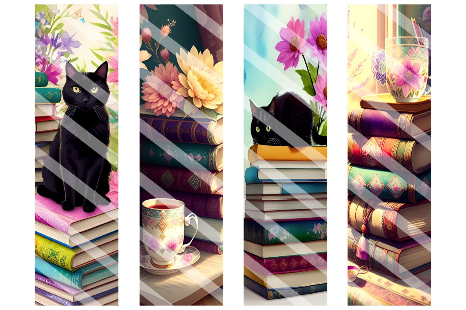 Black Cat and Books Printable Bookmark 2x7.5 Inch Digital JPG PNG - Etsy
