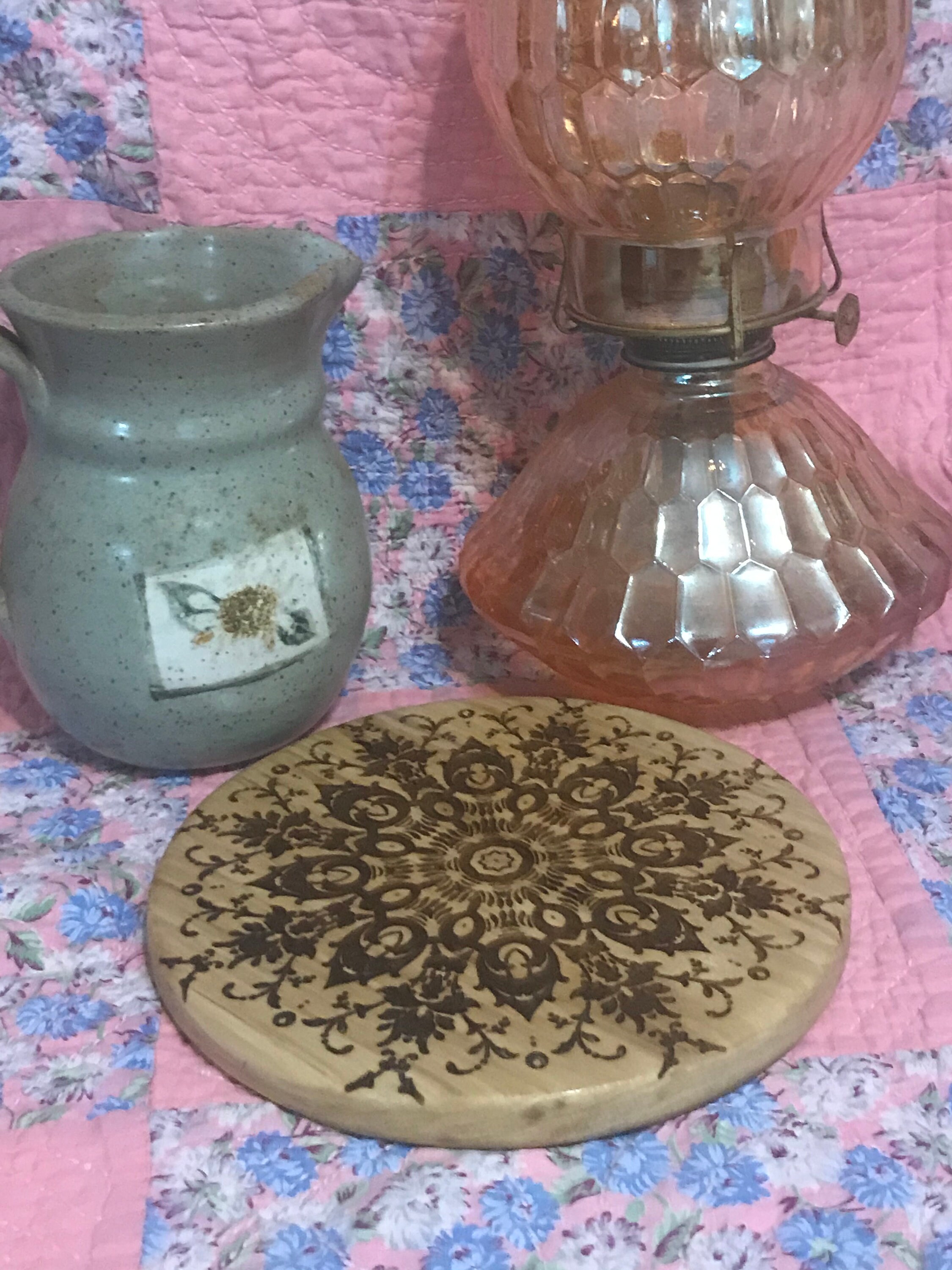 READY TO SHIP: Handmade 7 Inch Wooden Trivet with Engraved Lacy Floral ...