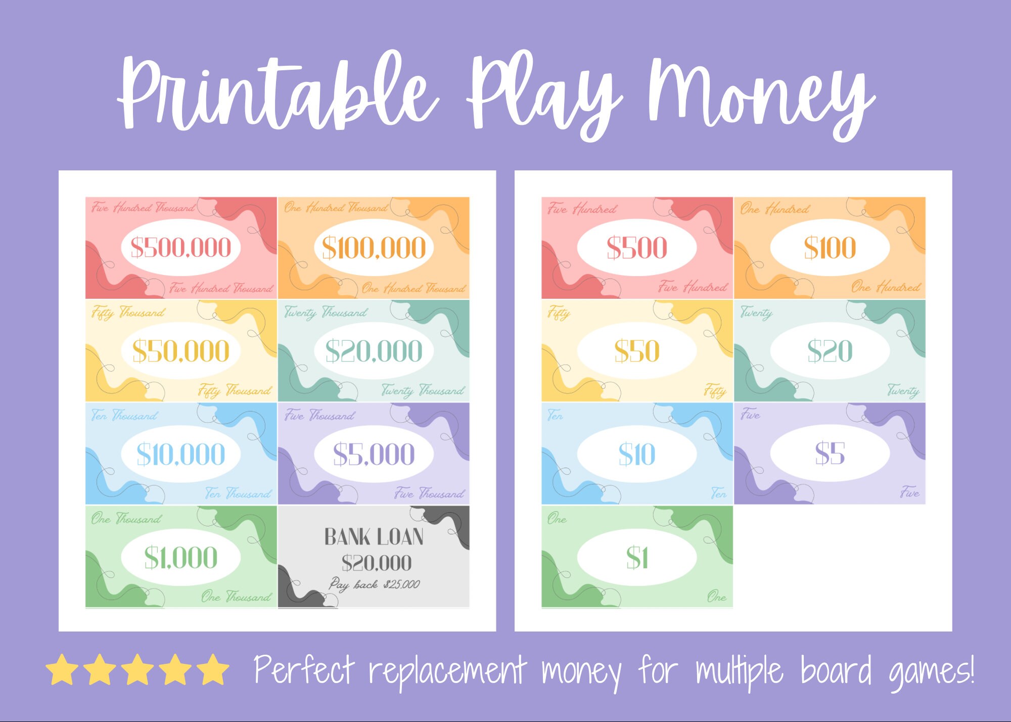 Printable Play Money | Board Game Replacement Cash Bills Hundreds ...