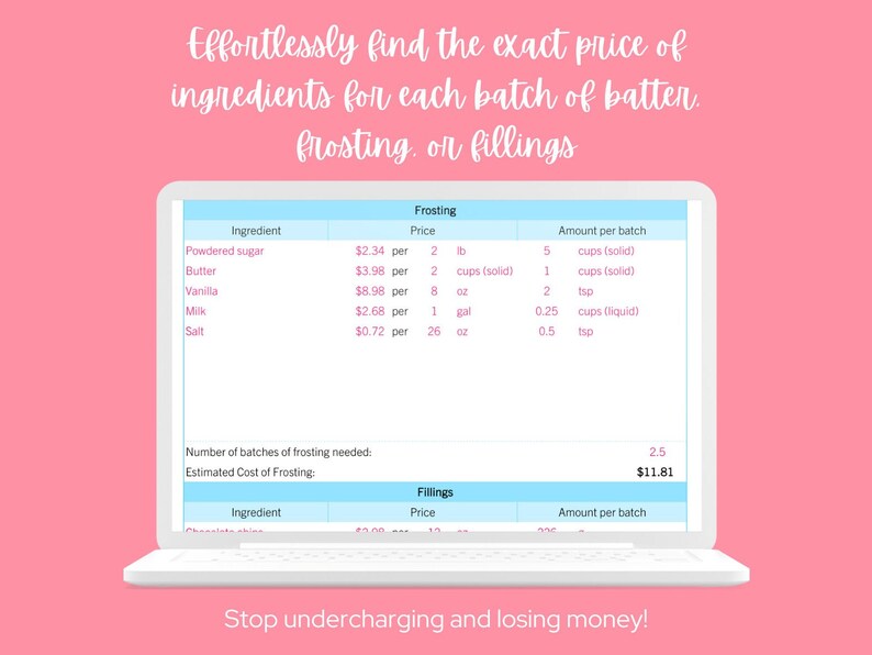 Cake Cost Calculator Home Bakery Excel Spreadsheet Template Baker Tool ...