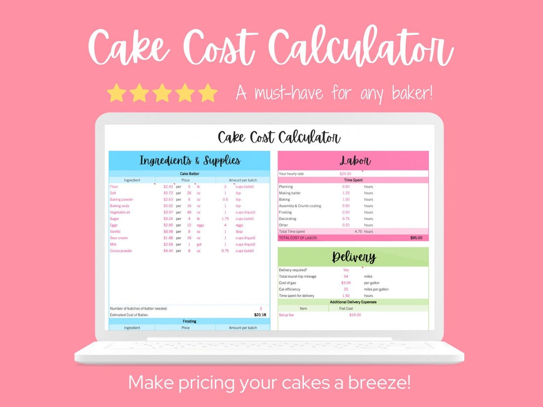 Cake Cost Calculator Home Bakery Excel Spreadsheet Template Baker Tool ...