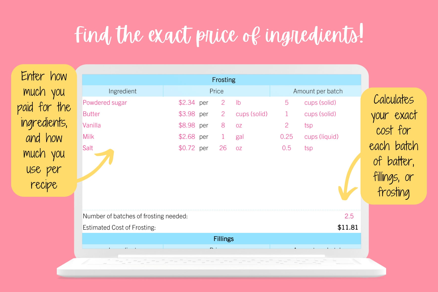Cake Cost Calculator: Home Bakery Excel & Google Sheets Template ...